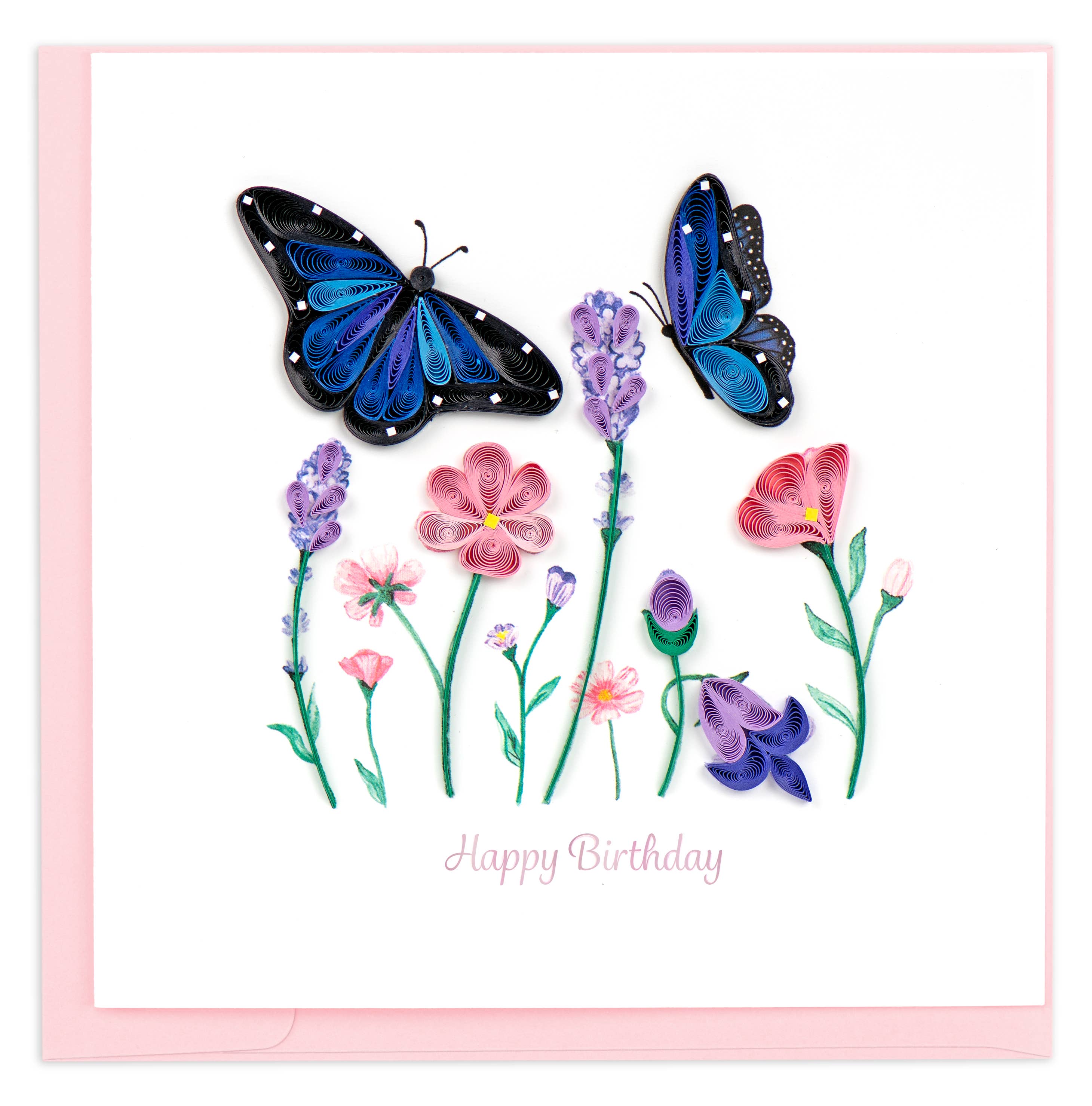 Quilled Birthday Flowers & Blue Butterflies Greeting Card | Atlas ...